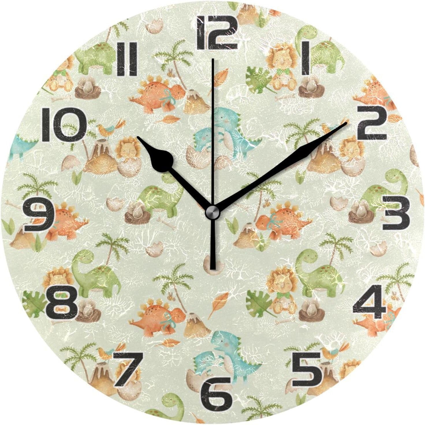 Cute Dinosaurs Wall Clock Round Vintage Silent Non Ticking Battery ...