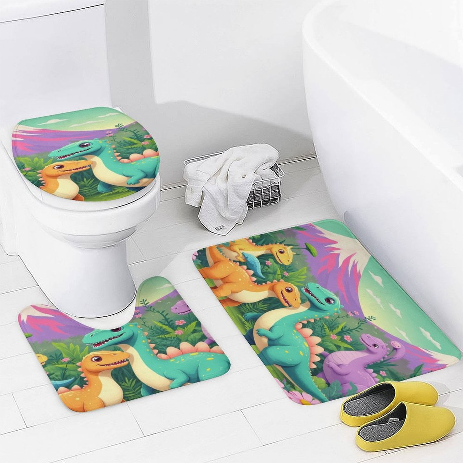 Cute Dinosaurs in Nature Bathroom Mats Sets 3 Piece, Bath Mat Earth ...