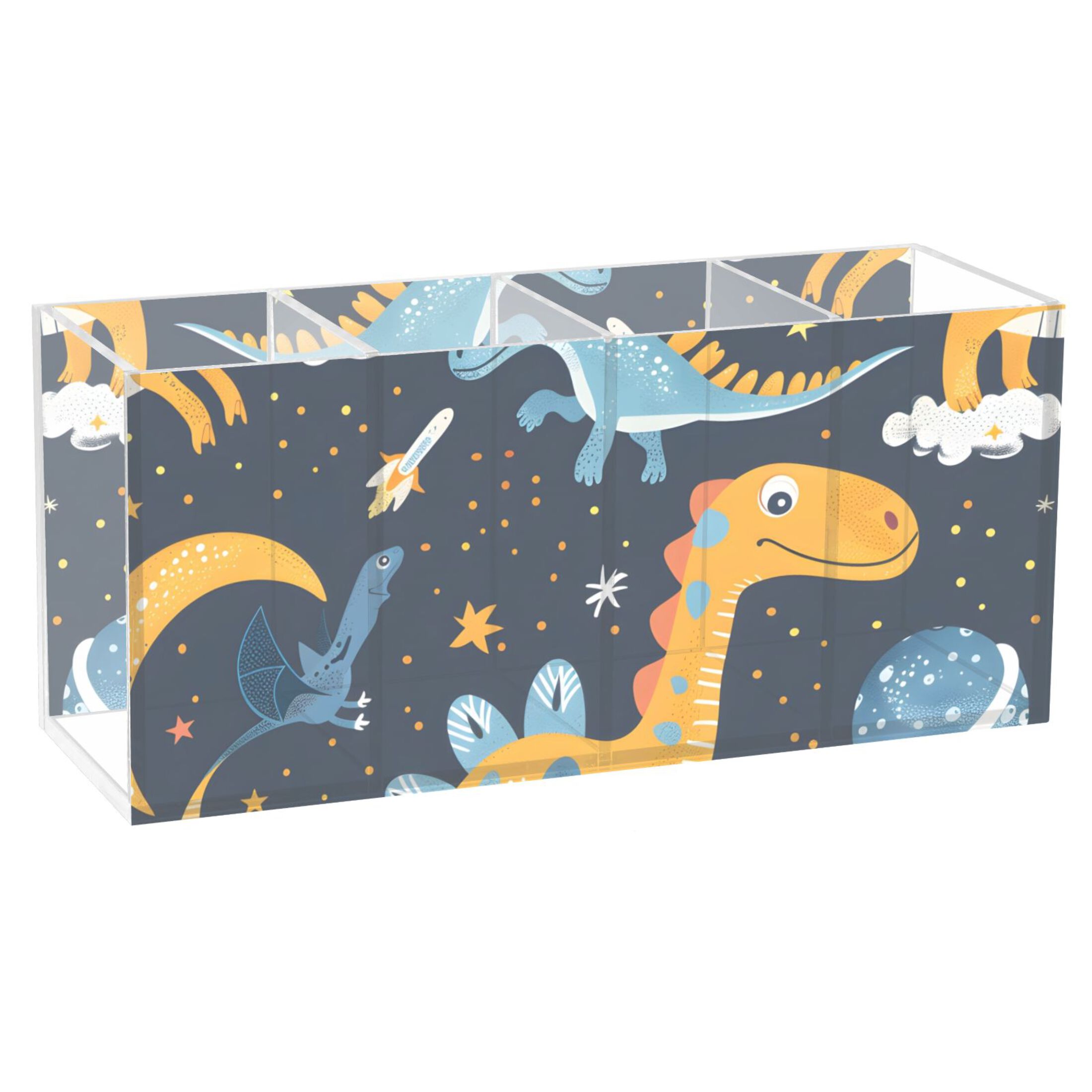 Cute Dinosaurs in Space Acrylic Pen Holder 4 Compartments Clear Pencil ...