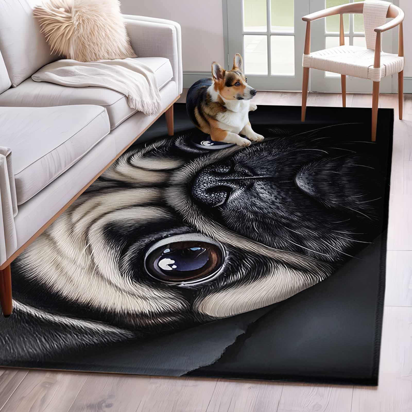 Cute Dog Area Rug 3x5 Washable Rug Non Slip Black Pet Retro Picture ...