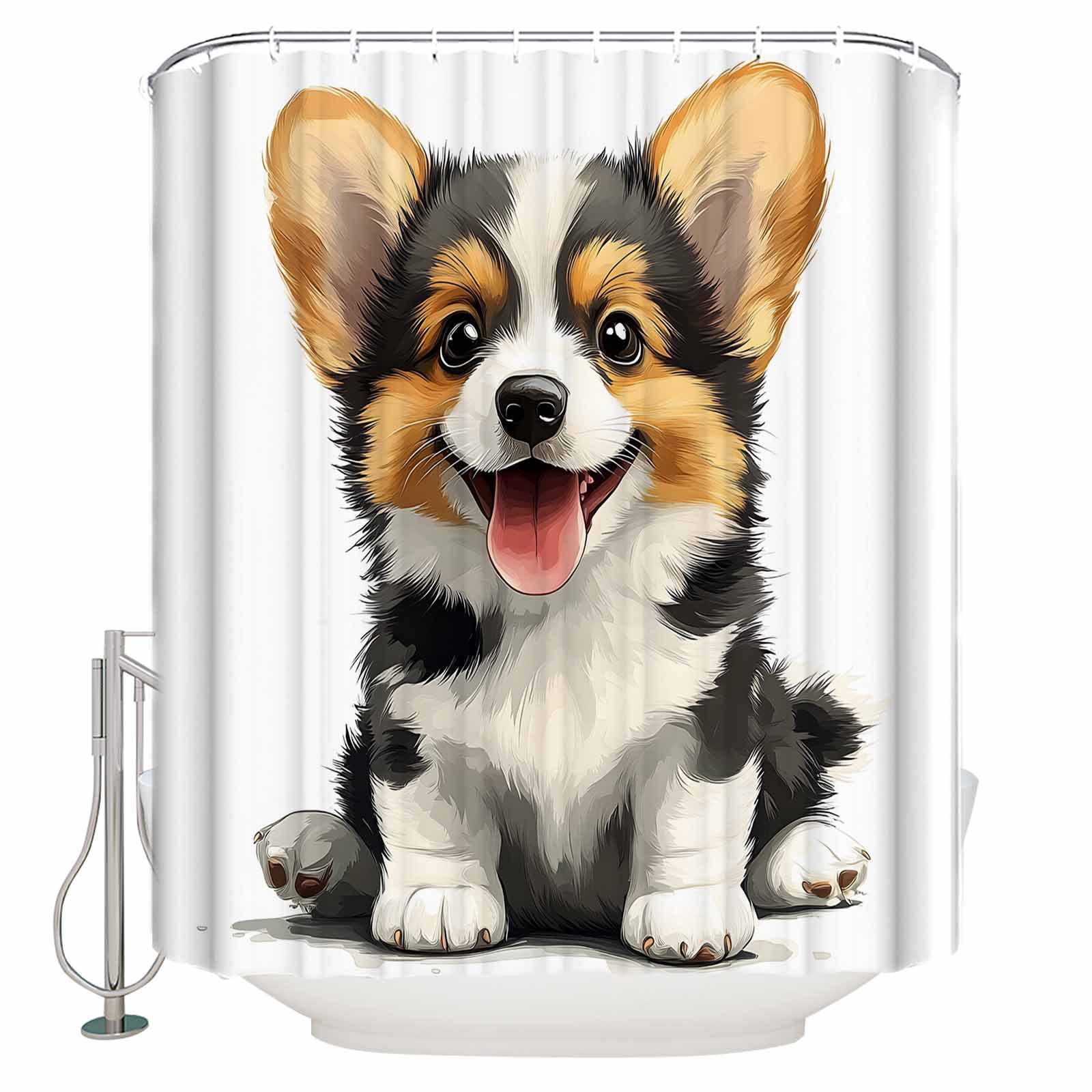 Cute Dog Bathroom Shower Curtains with 12 Hooks Polyester Waterproof ...