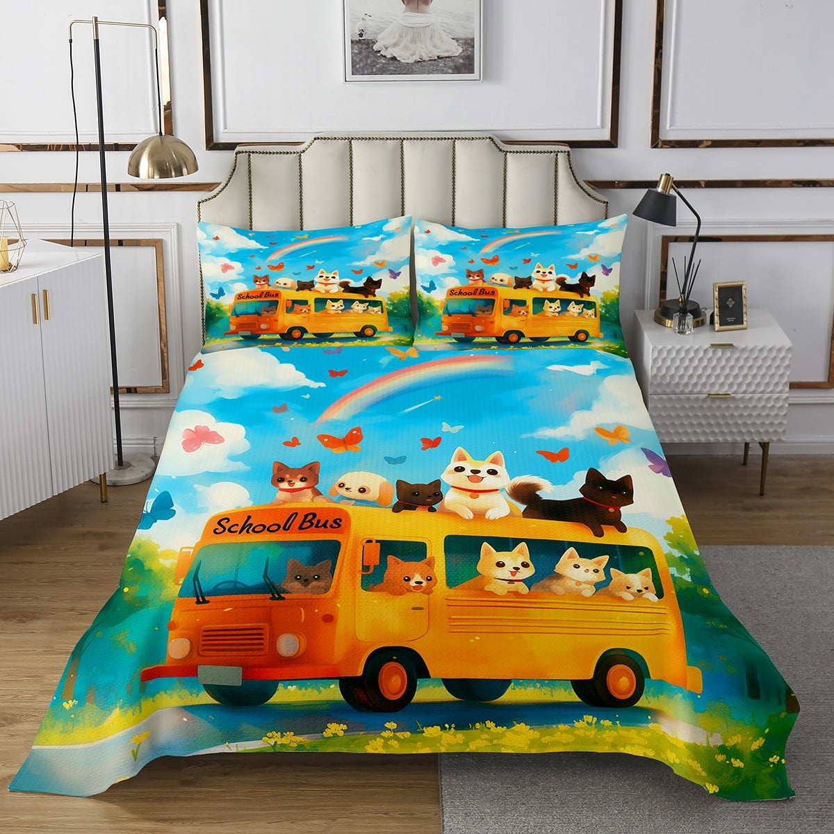 Cute Dog Bedspread King Cartoon Cats Dog School Bus Quilt Set Colorful ...