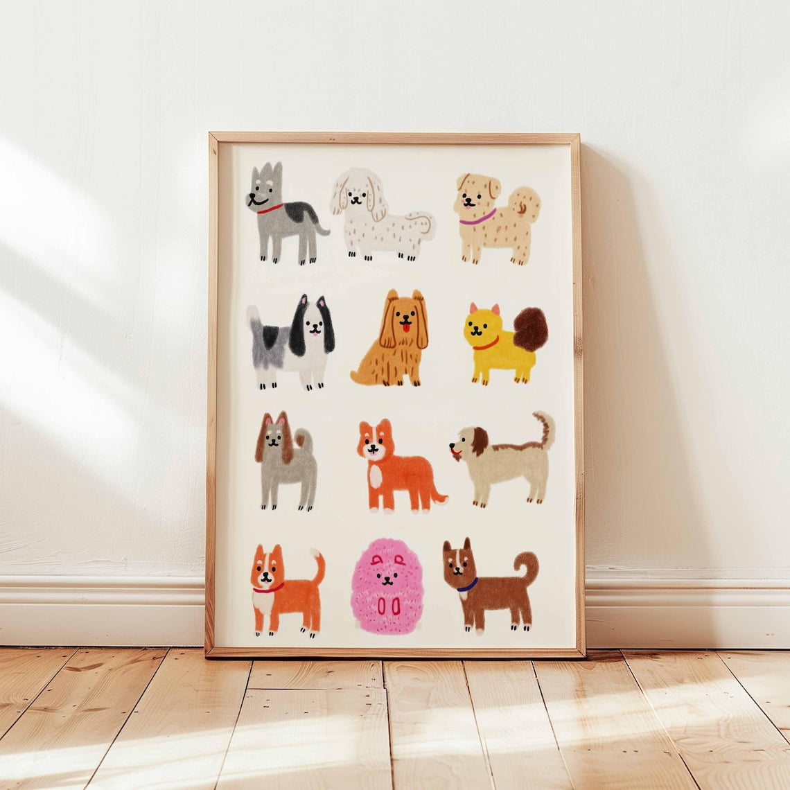 Cute Dog Breeds Colorful Cartoon Puppy Kids Room Nursery Wall Art ...
