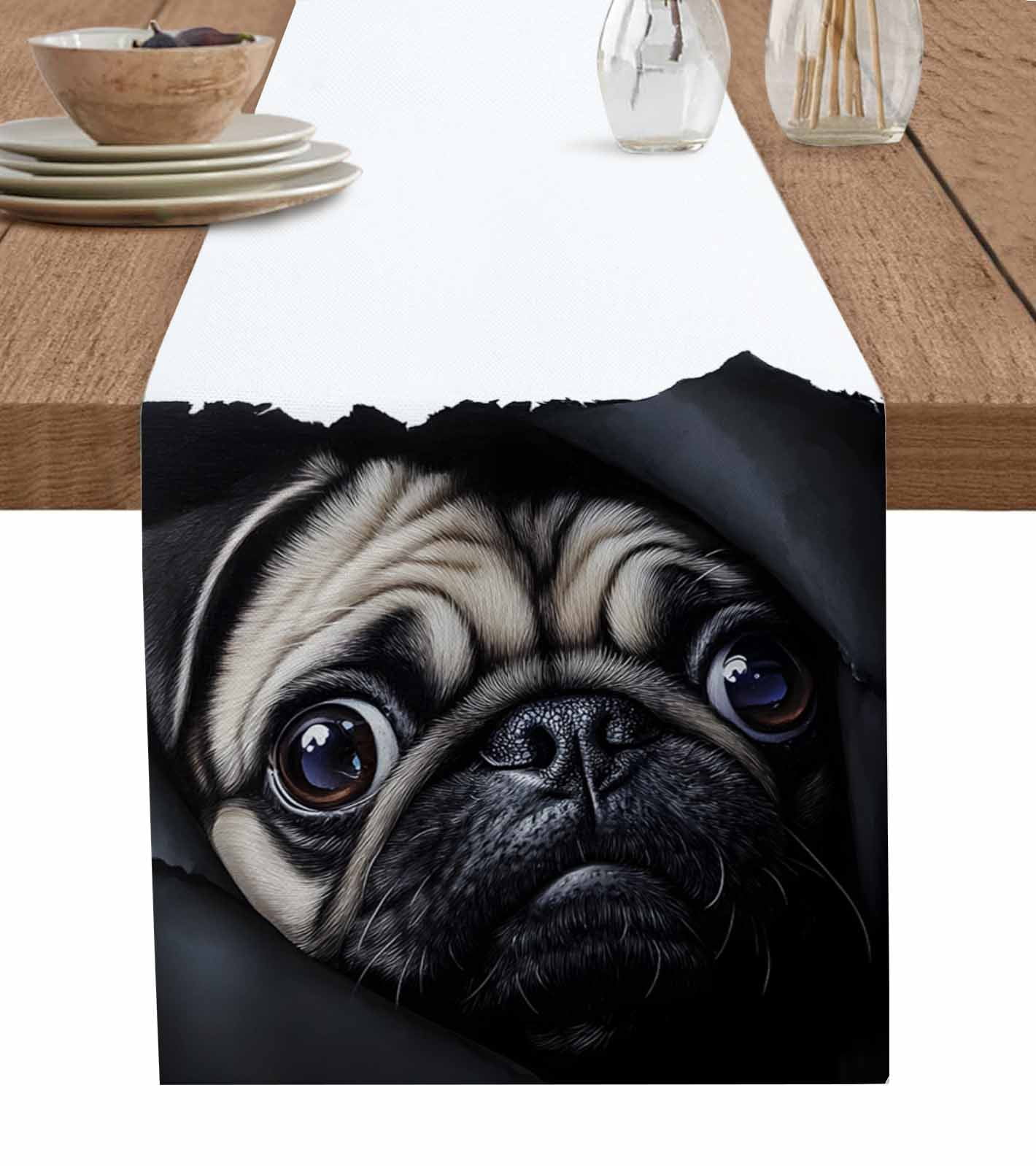 Cute Dog Burlap Cotton Table Runner 13x108 Inches Long, Black Pet Retro ...