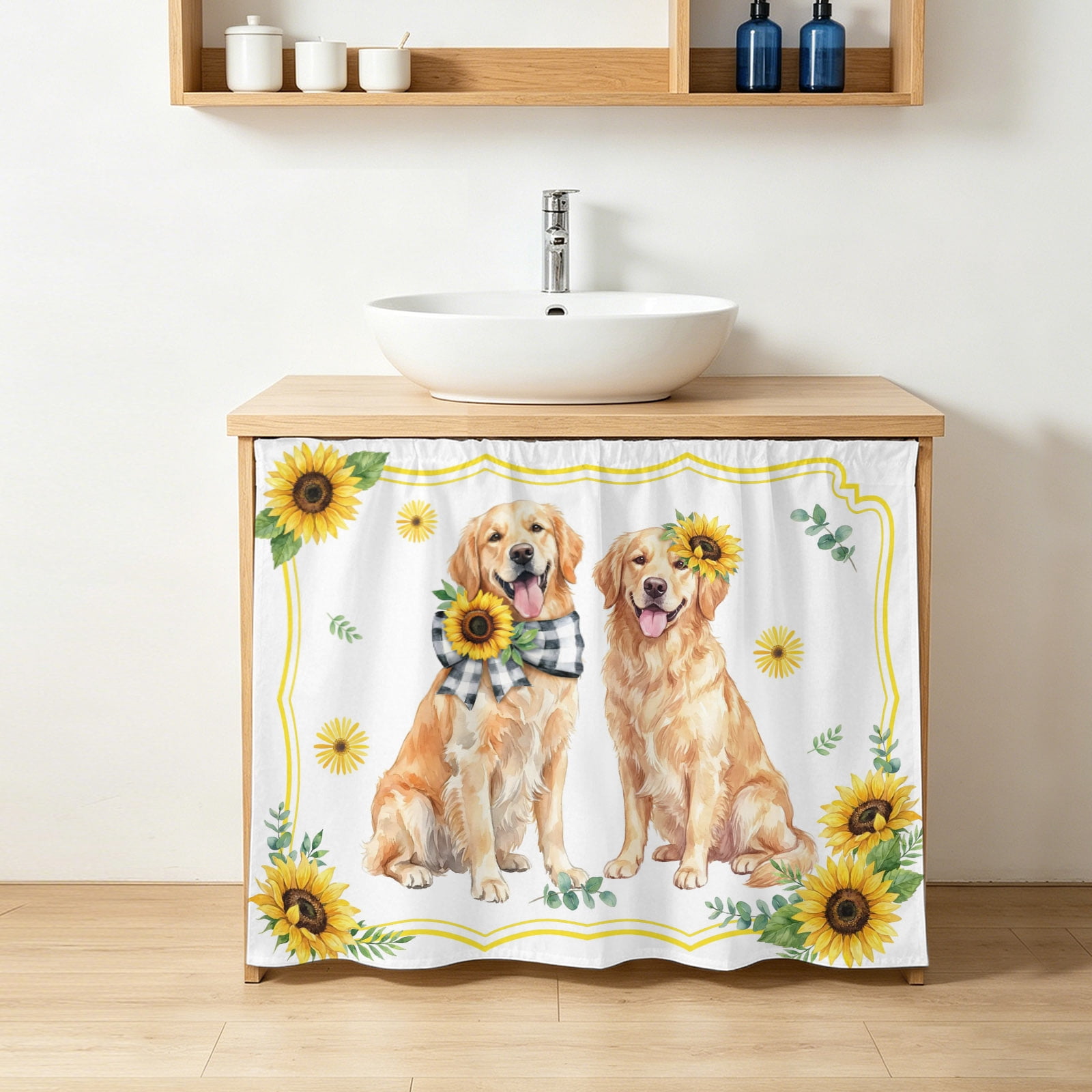 Cute Dog Cabinet Curtains 11" W x 13" L, Yellow Sunflower Daisy Field ...