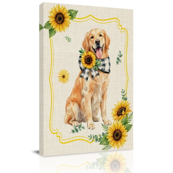 Cute Dog Canvas Wall Art for Living Room, Yellow Sunflower Daisy ...