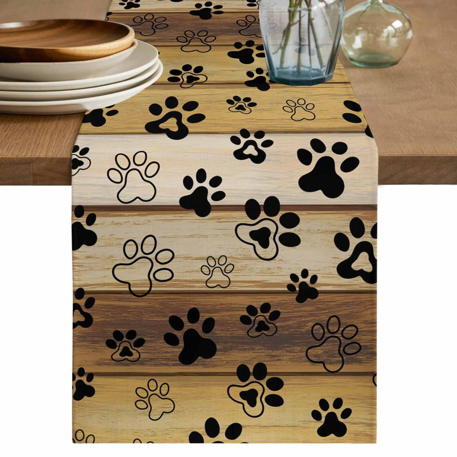 Cute Dog Claws Table Runner 60 Inches, Farmhouse Brown Wooden Grain ...