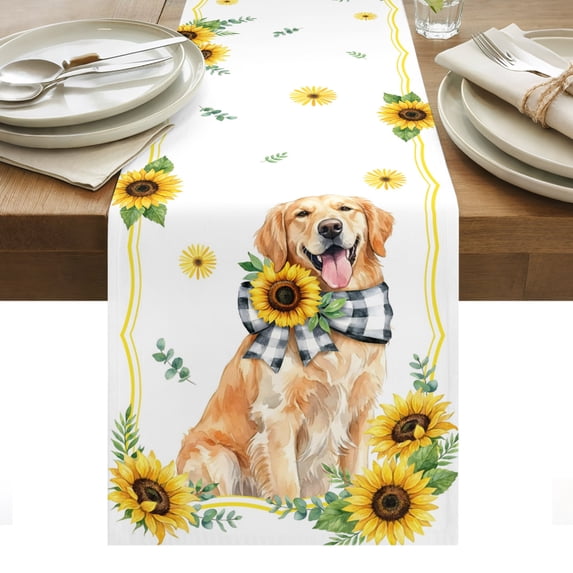 Cute Dog Cotton Linen Table Runner Yellow Sunflower Daisy Field Animal ...