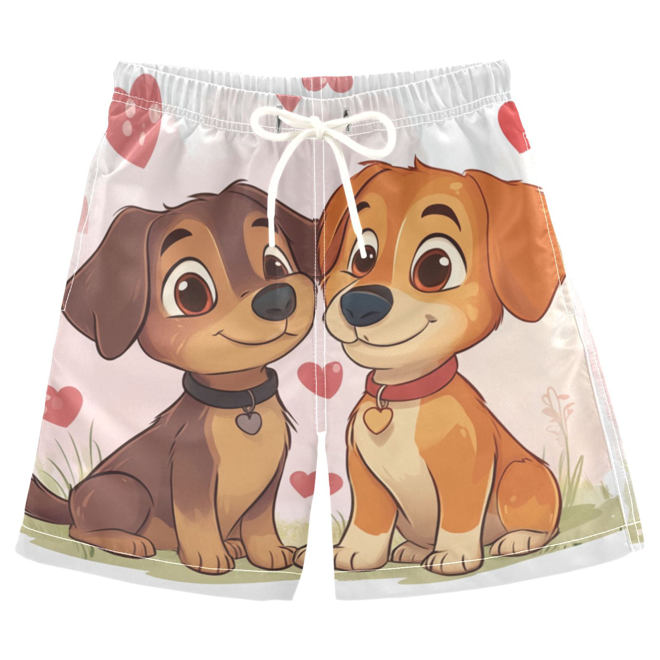 Cute Dog Couple and Heart Valentine Boys' Beach Pants Board Shorts Swim ...