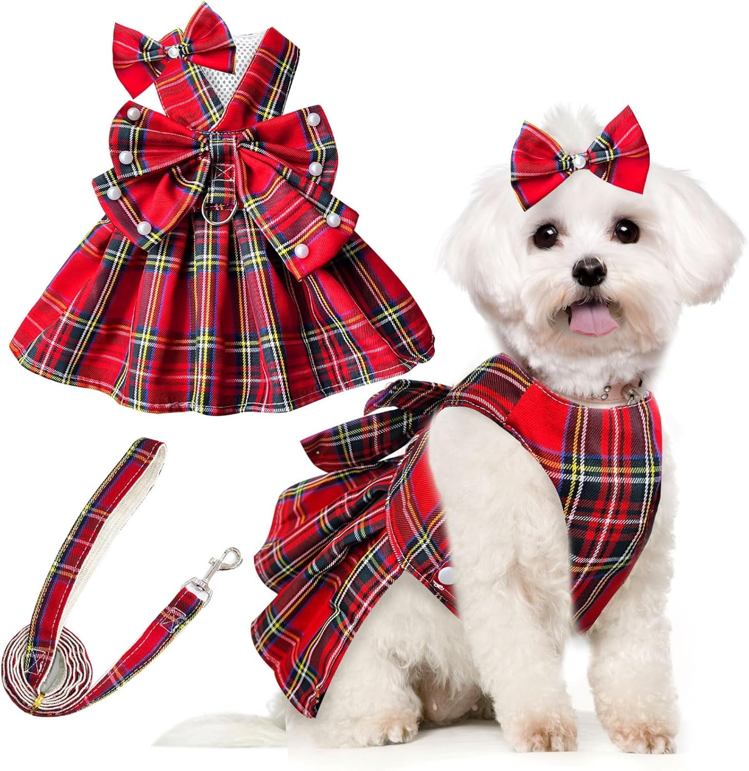 Cute Dog Dress Clothes for Small Dogs Cats Girl Female Pink Plaid Bow ...