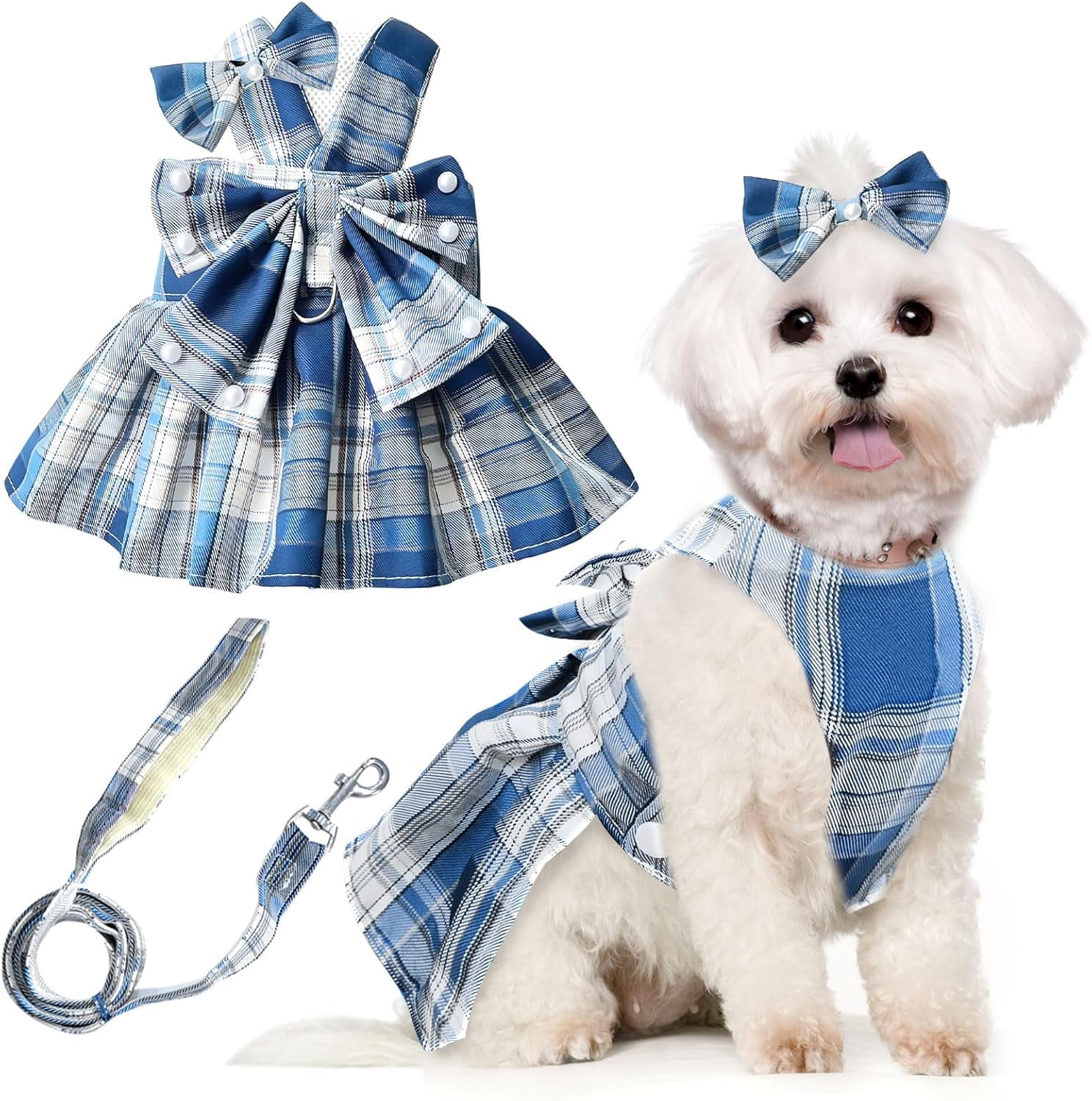 Cute Dog Dress Clothes for Small Dogs Cats Girl Female Pink Plaid Bow ...