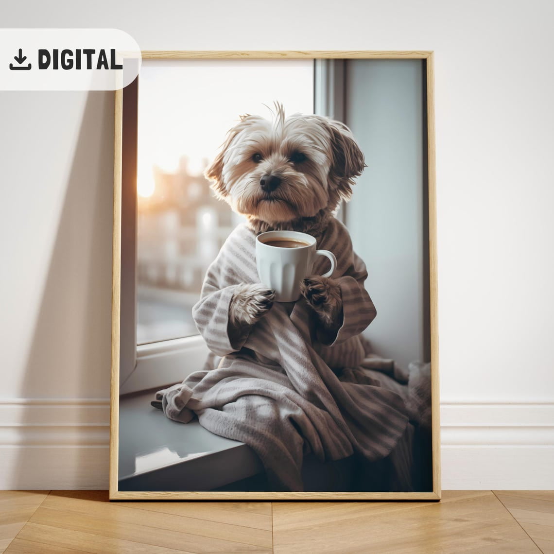 Cute Dog Drinking Coffee Wall Art Print Trendy Dogful Aesthetic Kitchen ...