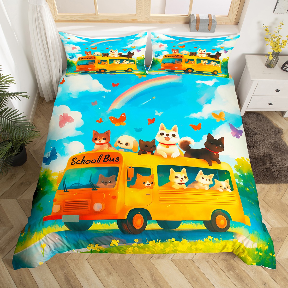 Cute Dog Duvet Cover Cartoon Cats Dog School Bus Bedding Set Colorful ...