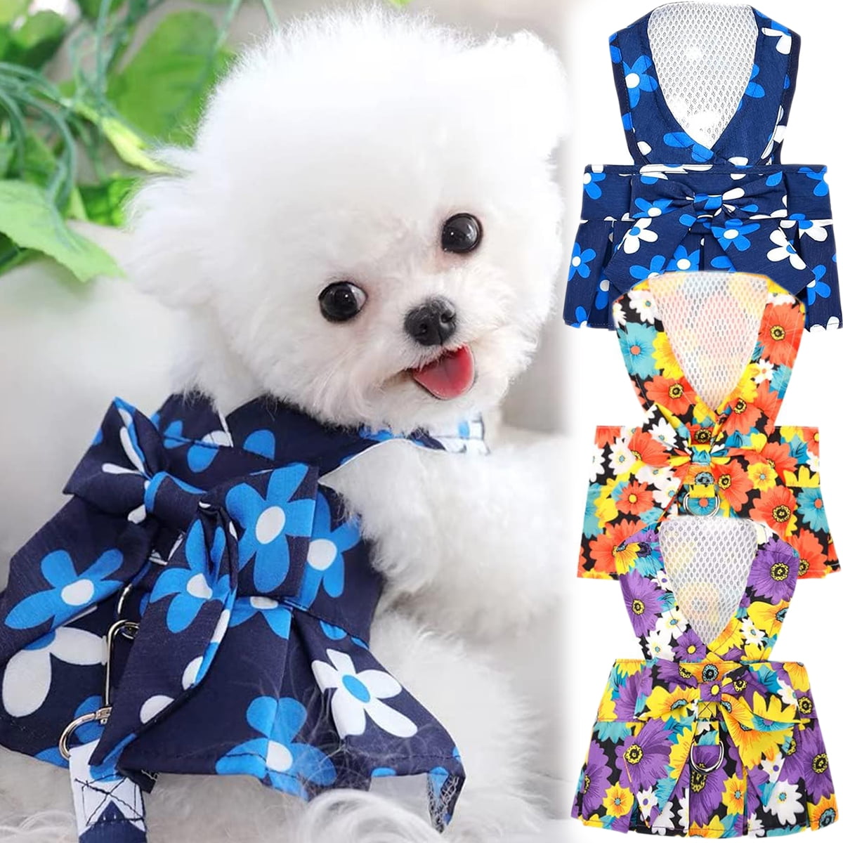 Cute Dog Harness Dress and Leash Set Blue Floral Bowknot Princess Puppy ...