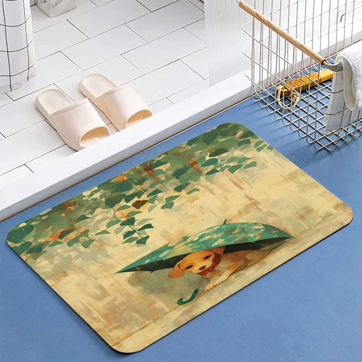 Cute Dog Hiding Under Umbrella Diatomite Bath Mats Bathroom Absorbent ...