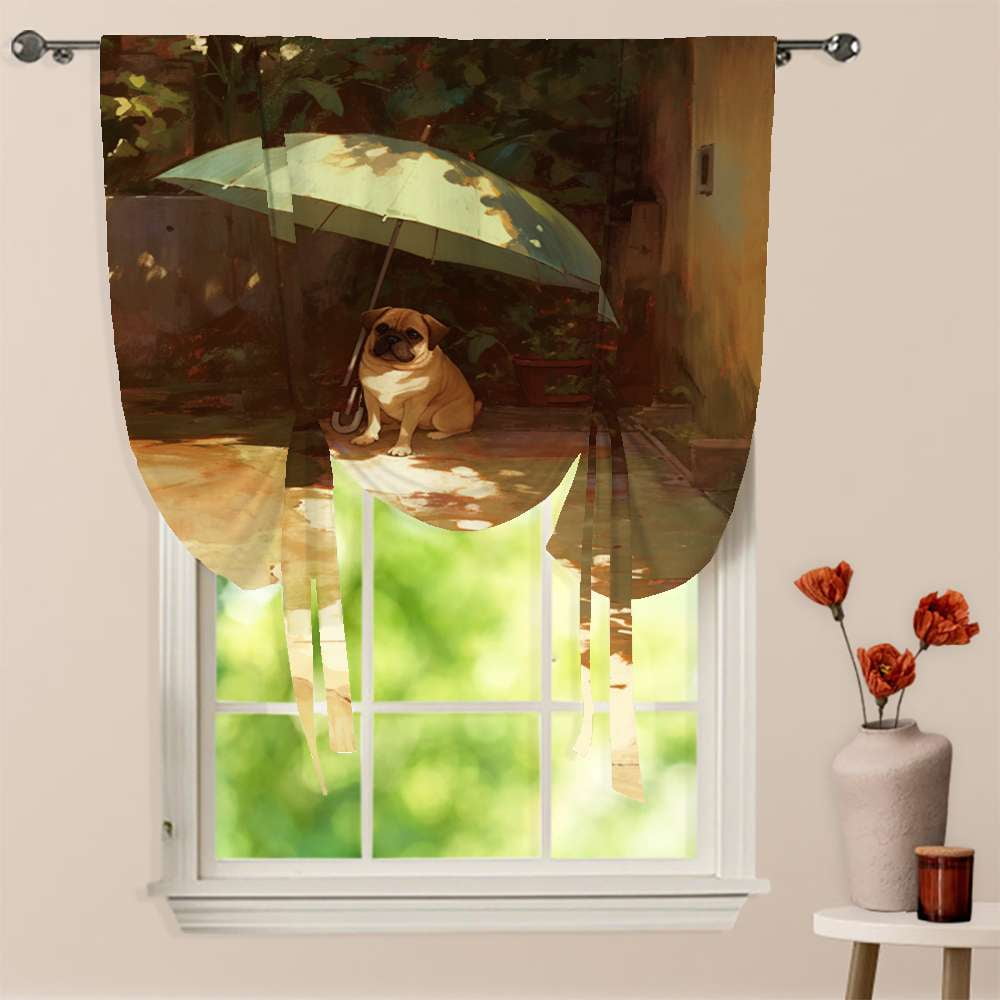 Cute Dog Hiding Under Umbrella Window Curtain for Living Room Roman ...