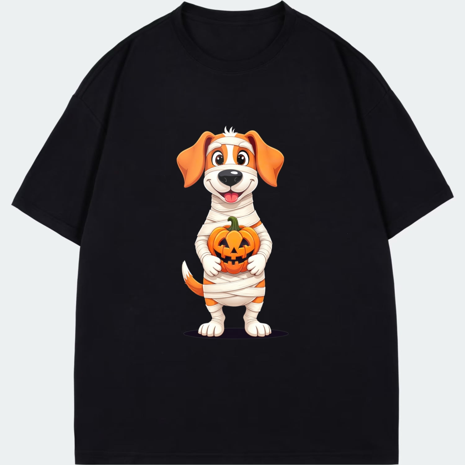 Cute Dog Mummy Halloween T-Shirt Black Cartoon Dog Holding Pumpkin ...