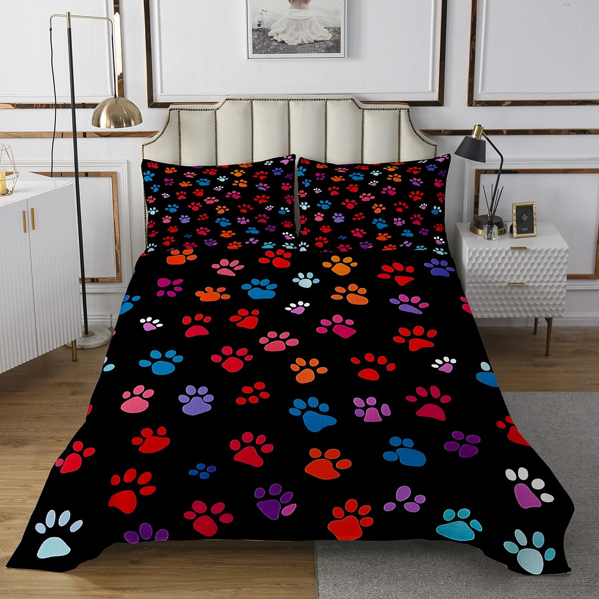 Cute Dog Paw Bedspread Set Dog Footprints Queen Coverlet Set Room Decor ...