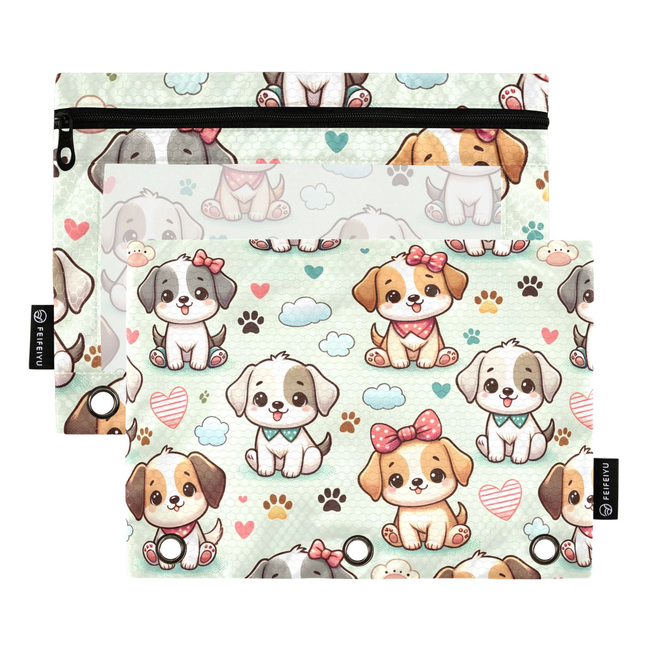 Cute Dog Paw Heart Cloud 2 Pack Pencil Pouch for 3 Ring Binder Smooth ...