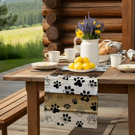 Cute Dog Paw Print Farm Wood Board Table Runner 13x70in Non-Slip Cotton ...