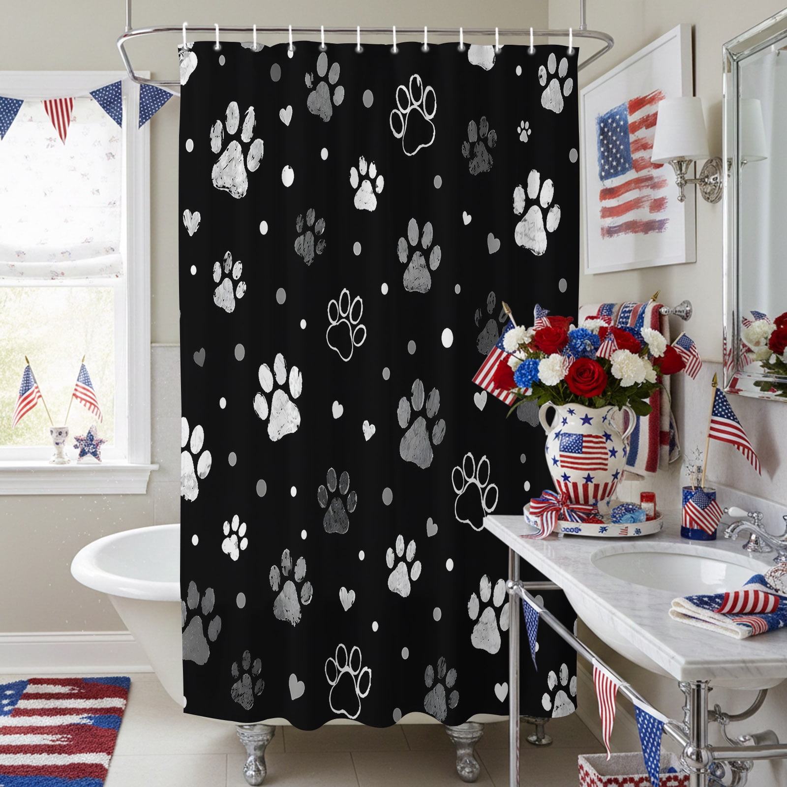 Cute Dog Paw Prints Shower Curtain for Bathroom, Cat Paws on Black ...