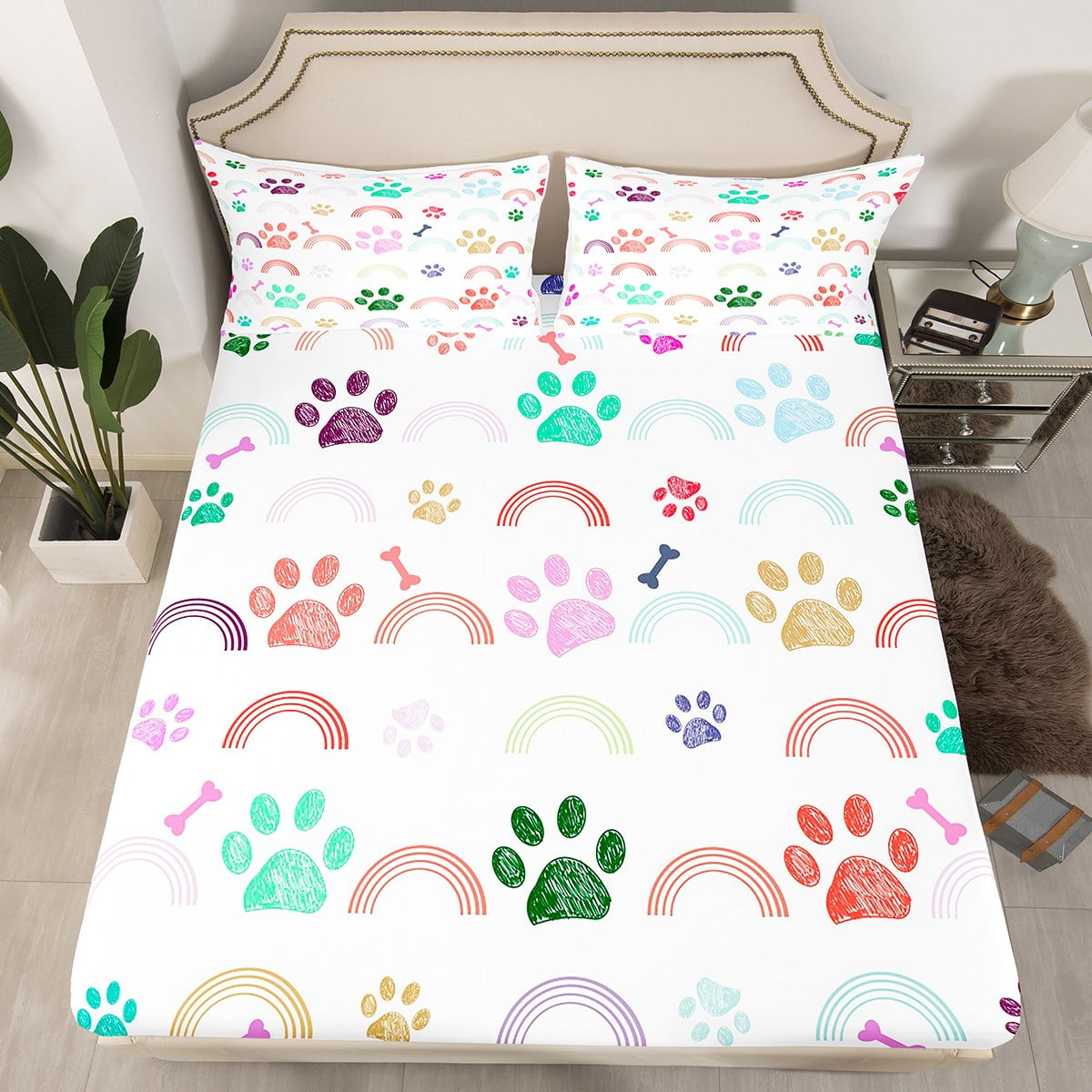 Cute Dog Paws Queen Sheets Kawaii Rainbow Bed Sheets, Colorful Bones ...