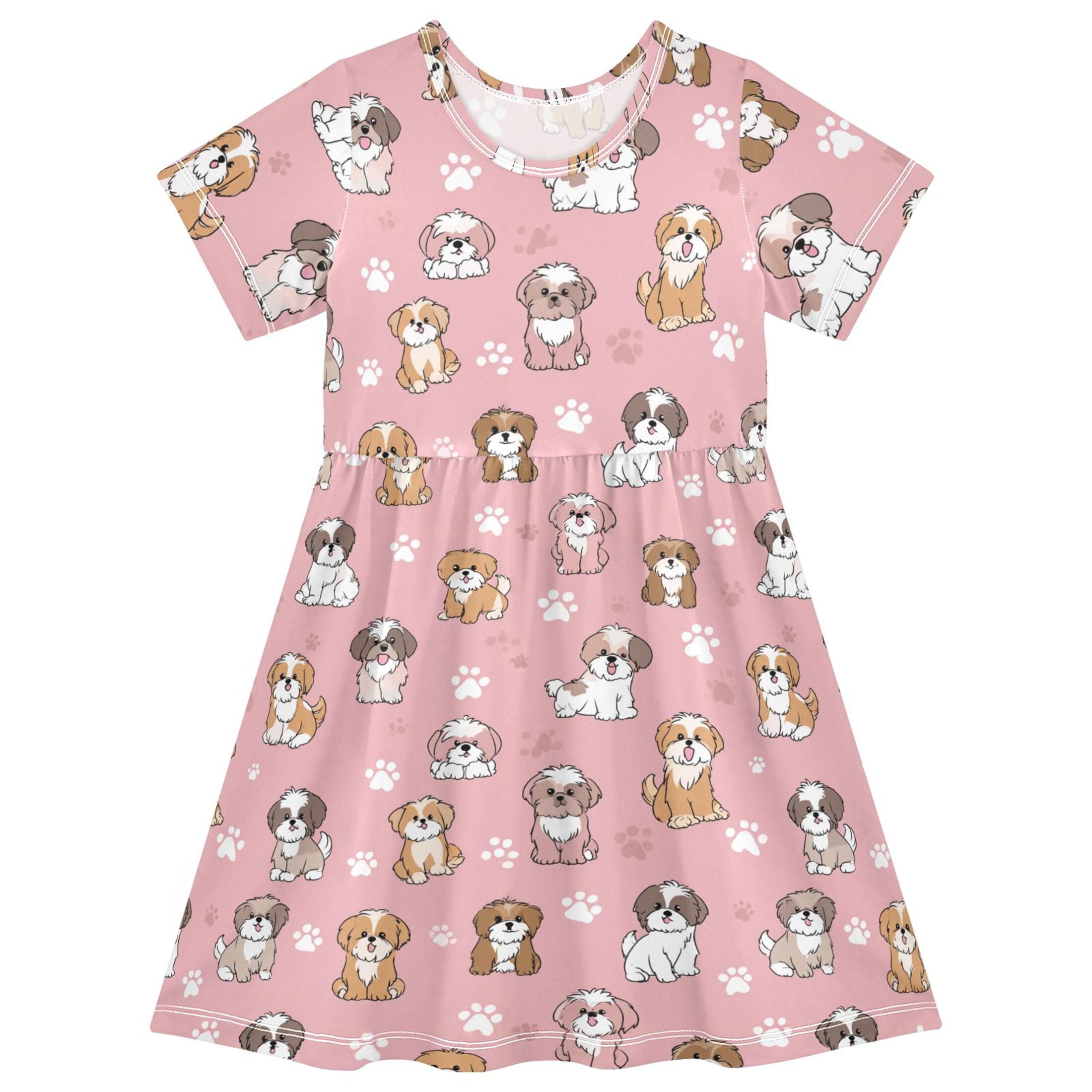 Cute Dog Paws and Dog Short Sleeve Dress A-Line Cute Midi Casual ...