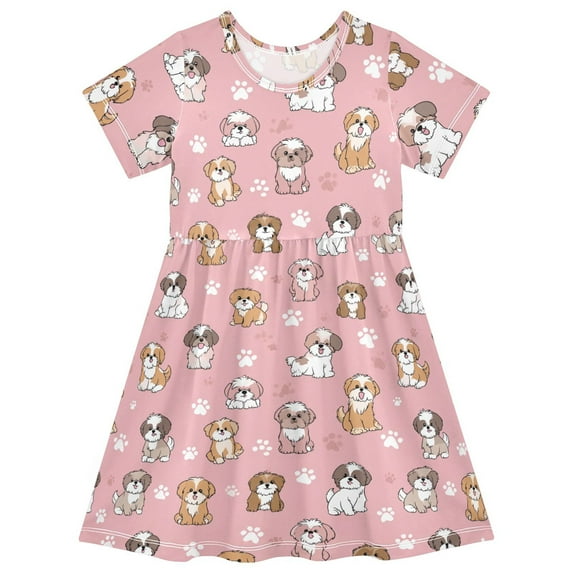 Cute Dog Paws and Dog Short Sleeve Dress A-Line Cute Midi Casual ...
