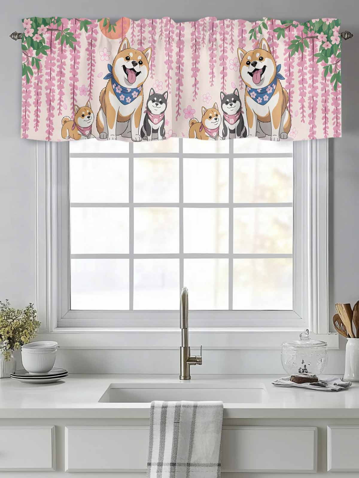 Cute Dog Pink Flower Cherry Blossom Valances for Windows,Kitchen ...