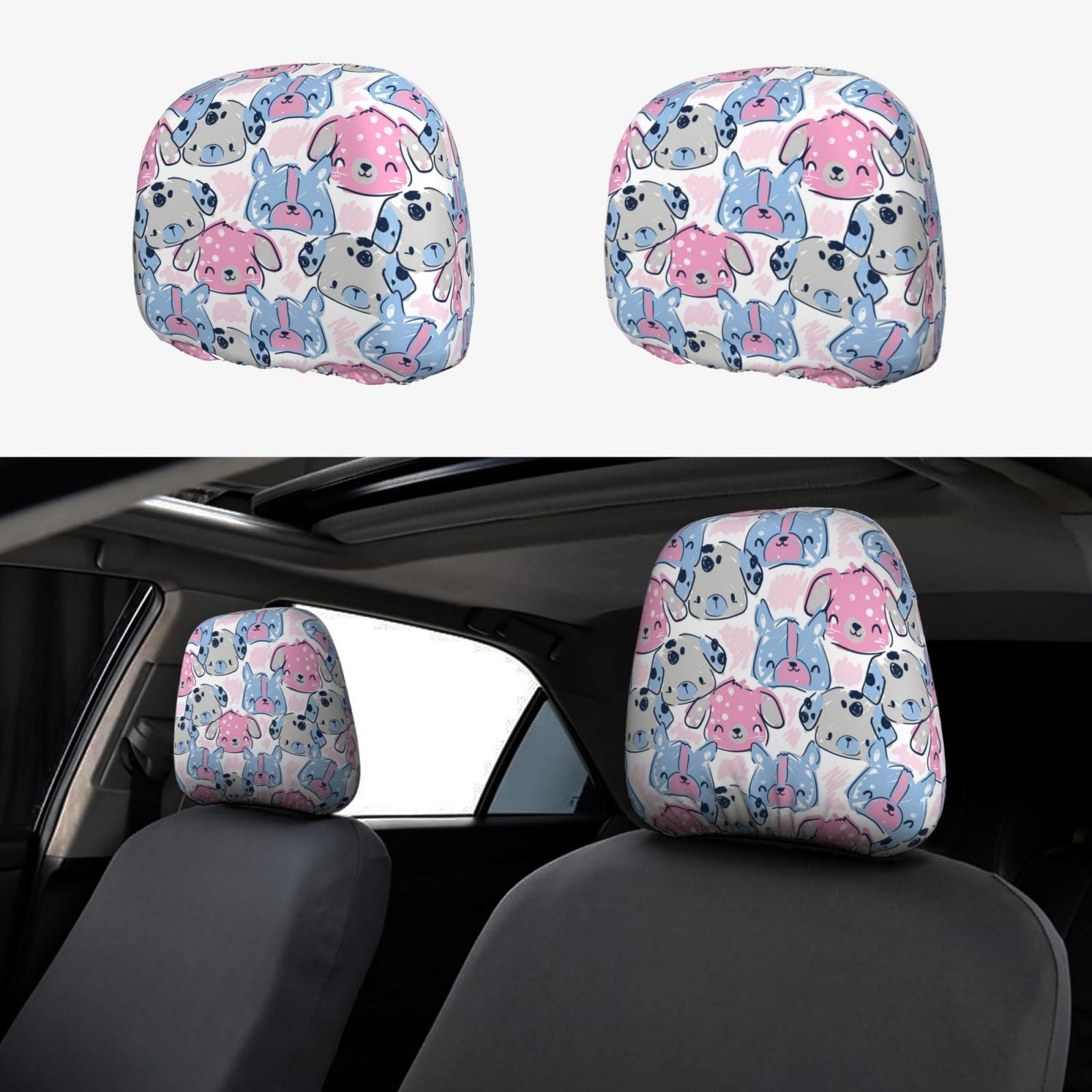 Cute Dog Puppy pink Headrest Cover for Cars, 2Pack Car Headrest Cover ...
