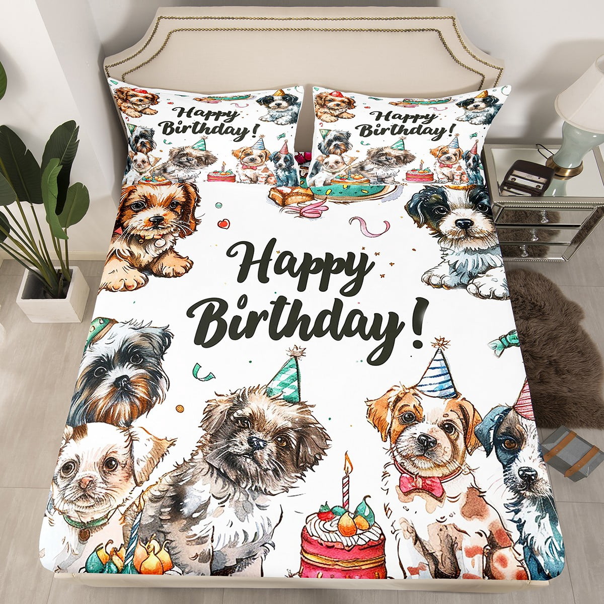 Cute Dog Queen Fitted Sheet,Birthday Theme Kawaii Dog Bedding Set Pet ...