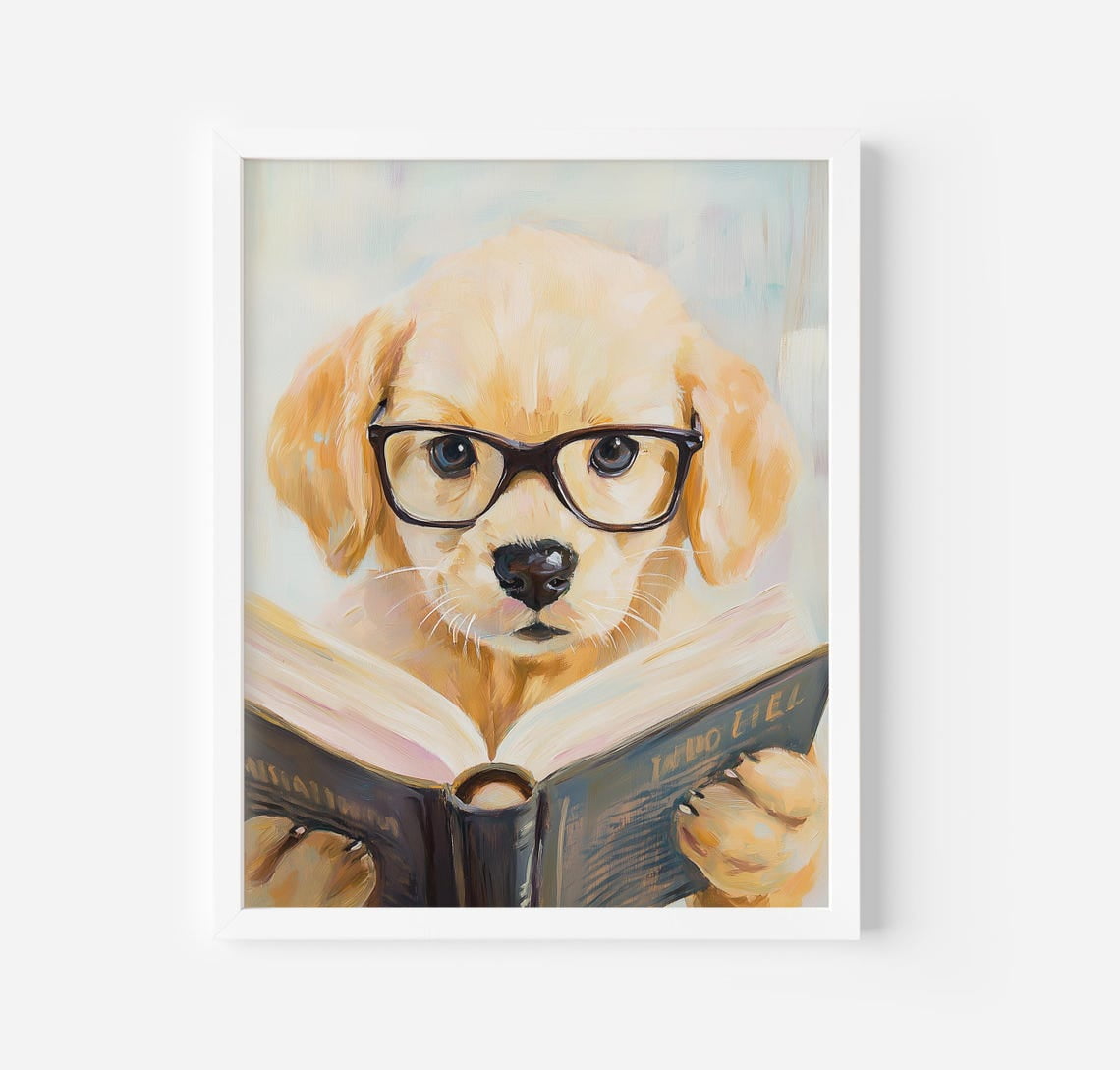 Cute Dog Reading A Book Print, Cute Dog Print, , Library Wall Art ...