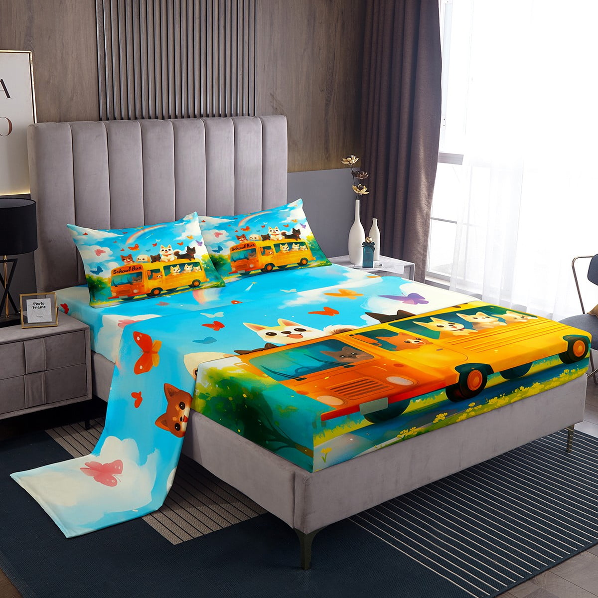 Cute Dog Sheet Set Full for Boys Girls Kids Cartoon Cats Dog School Bus ...