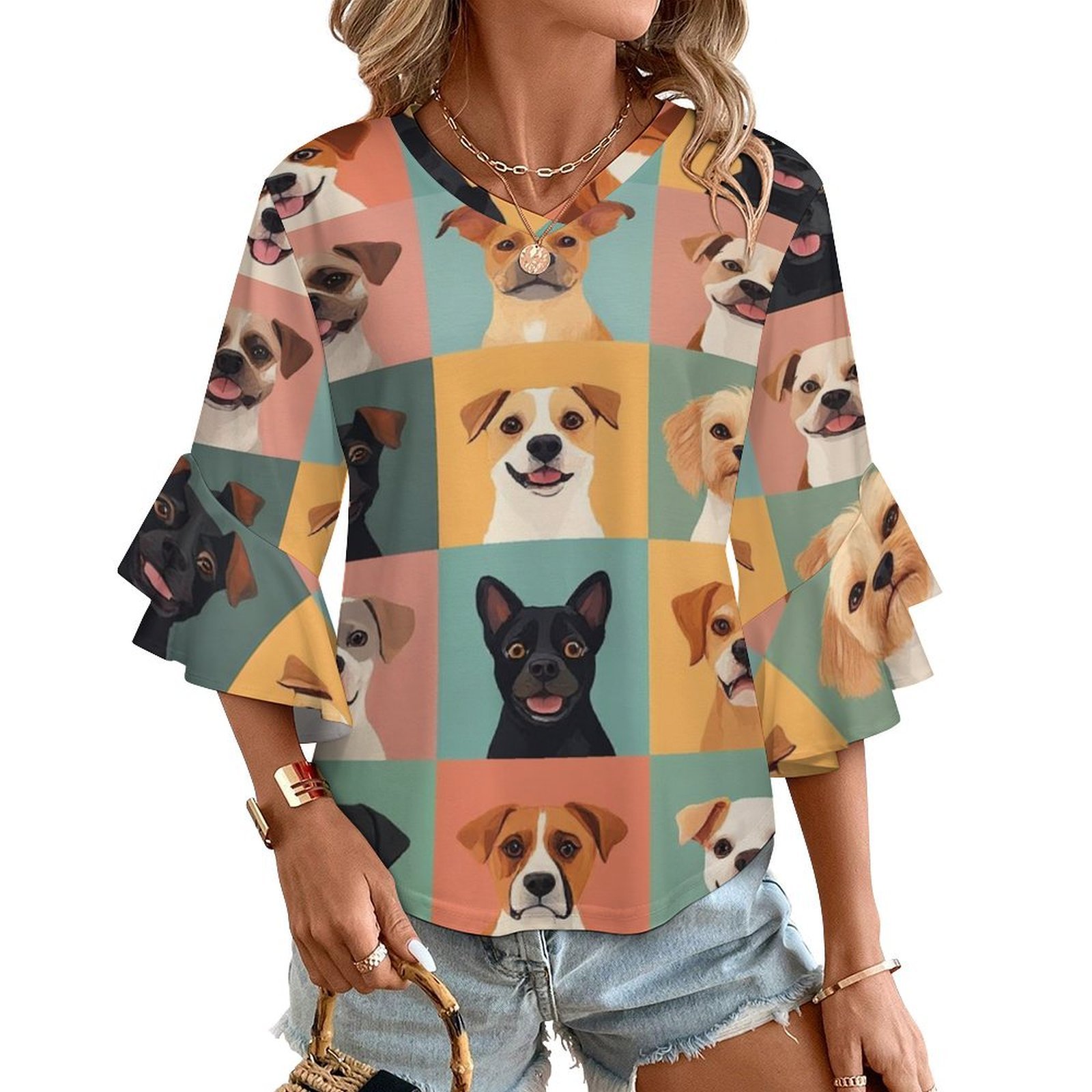 Cute Dog Sketch Women's V-Neck Blouse With 3/4 Ruffled Bell Sleeves ...