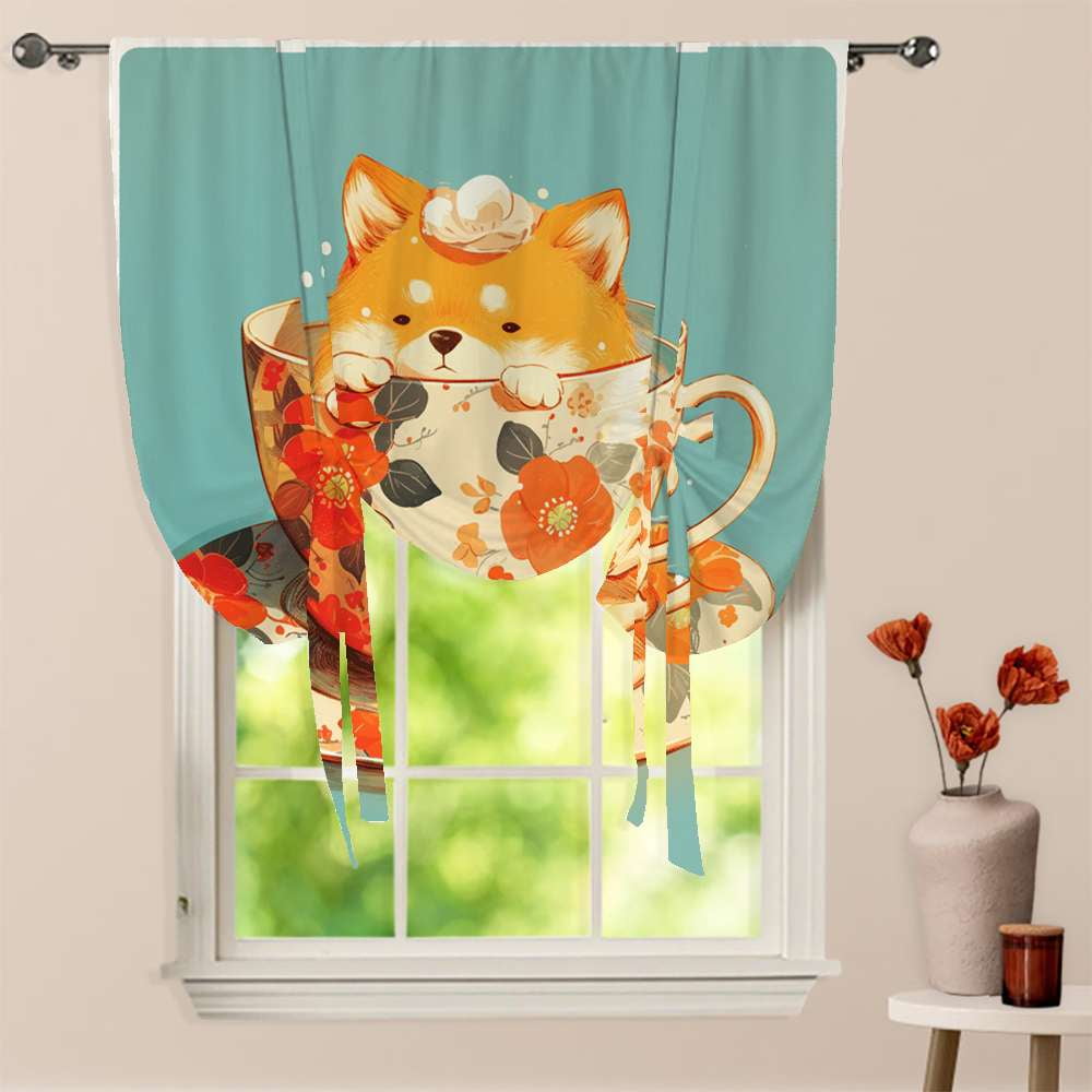 Cute Dog Tea Art Window Curtain for Living Room Roman Curtain Kitchen ...