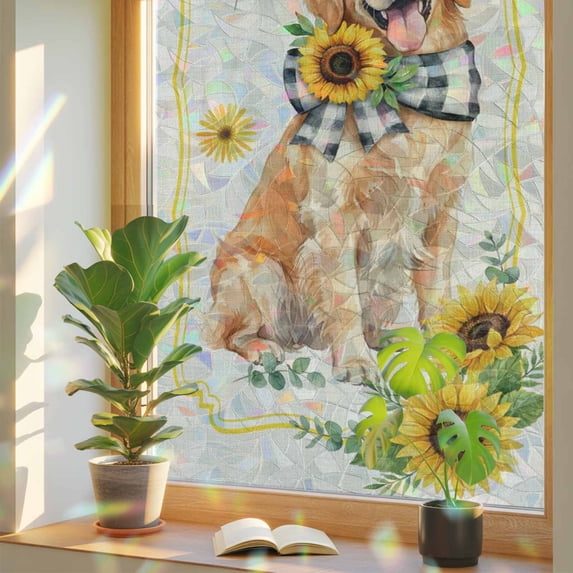Cute Dog Window Privacy Film, Yellow Sunflower Daisy Vintage Summer ...