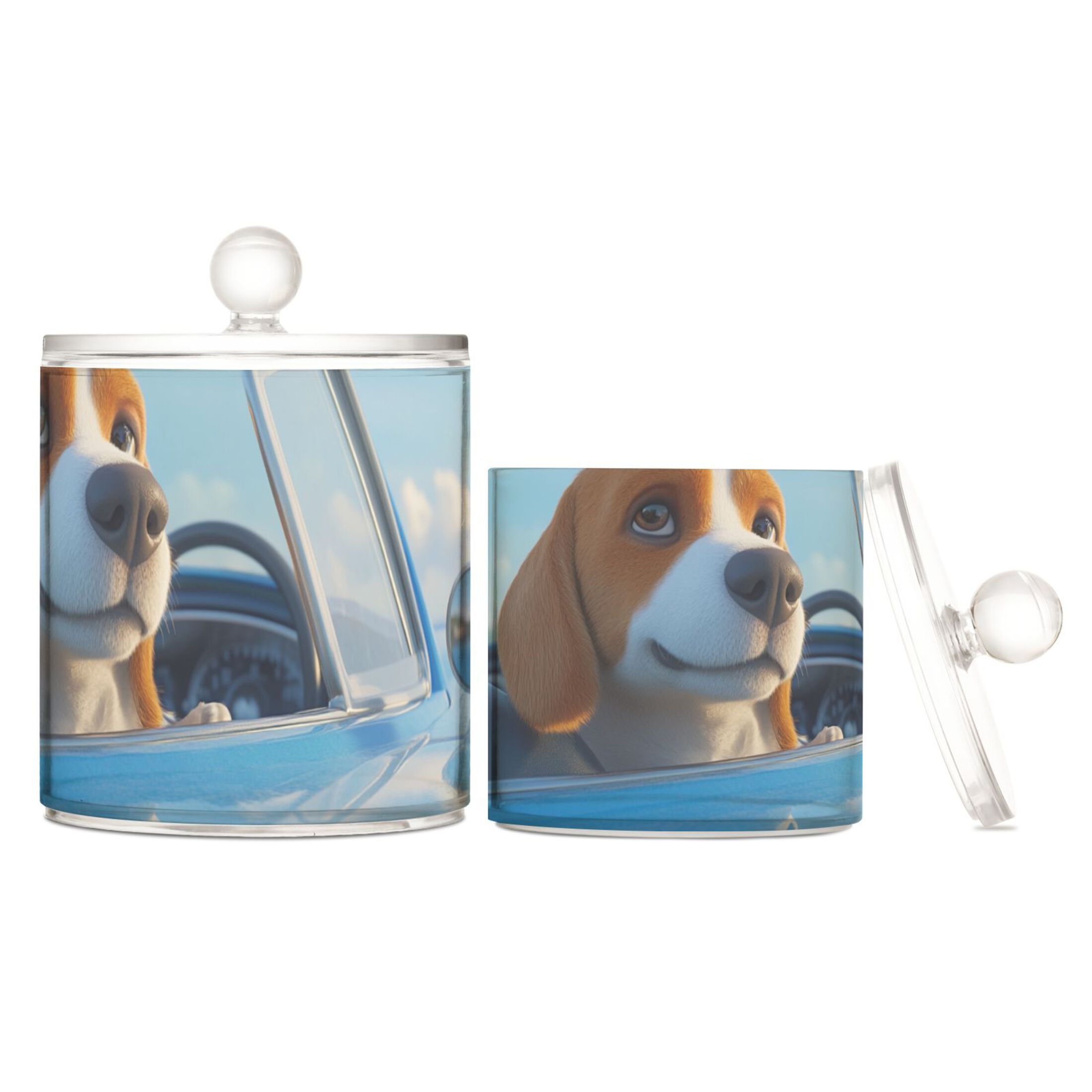 Cute Dog on A Blue Car Translucent Plastic Cans Storage Canisters with ...