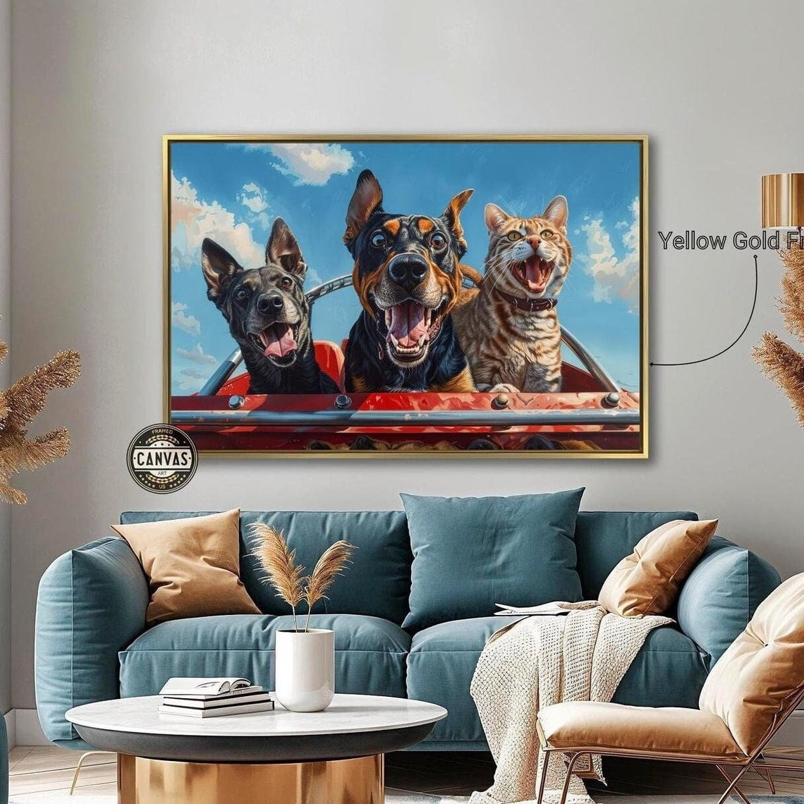 Cute Dogs And Cat Adventure Wall Art Joyful Thrill Seekers Art Poster ...