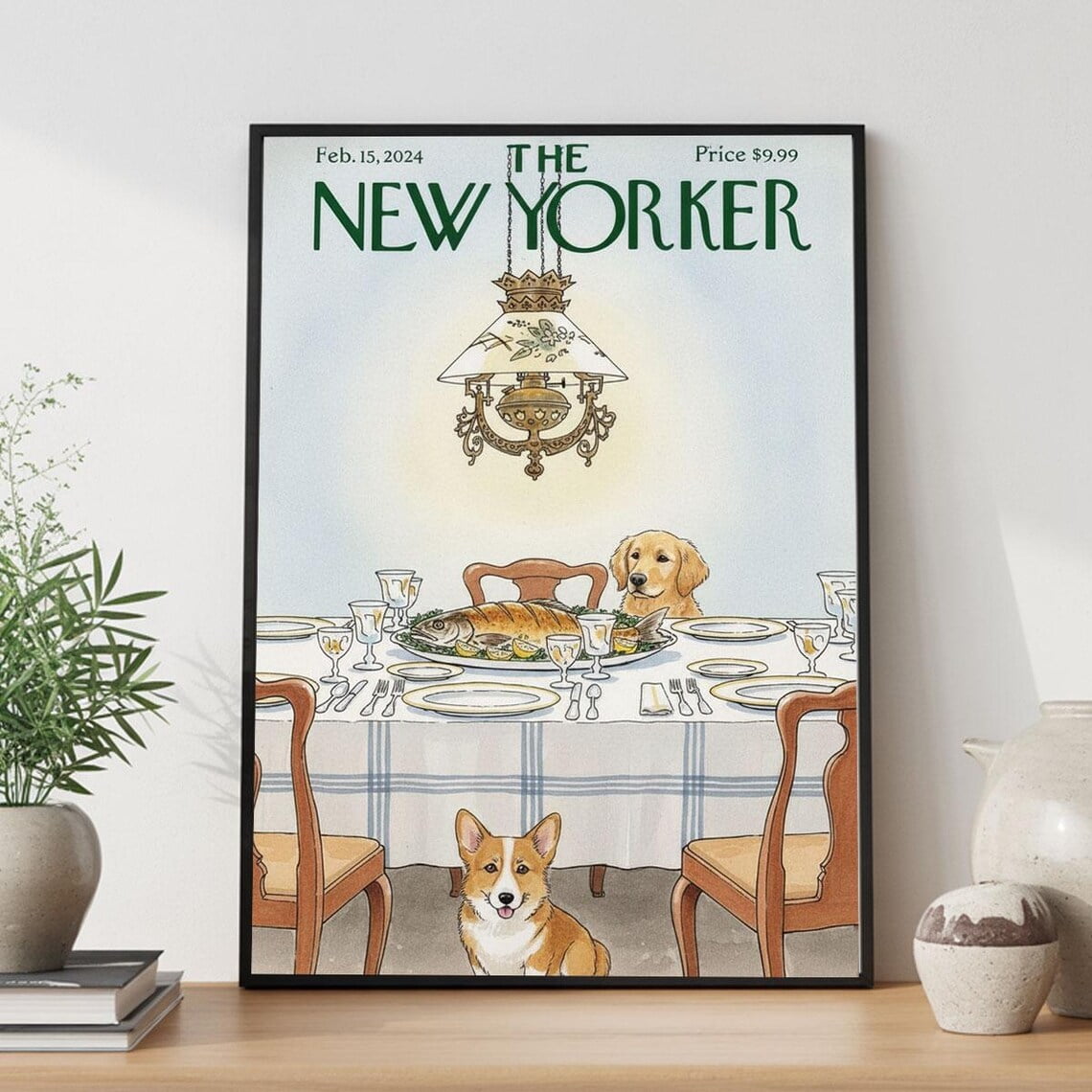 Cute Dogs Dining Art Poster, Dog Poster, Dinner Table, Whimsical Animal ...