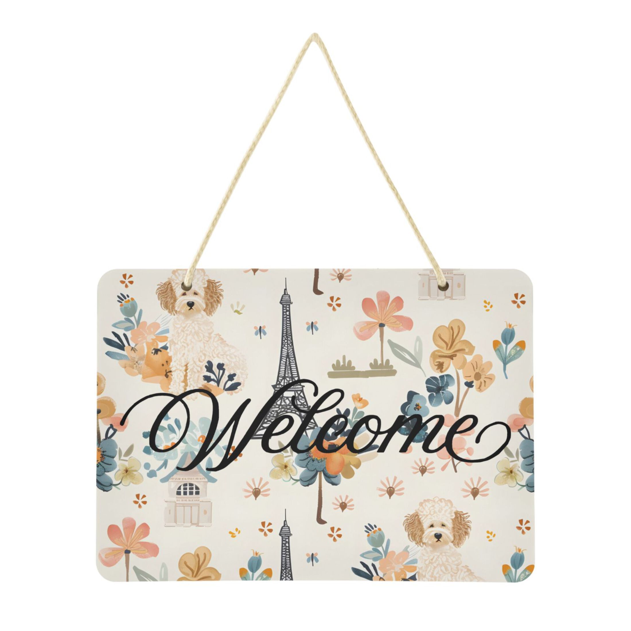 Cute Dogs Flower Tower Welcome Sign Front Door PVC 14x10 inch Hanger ...