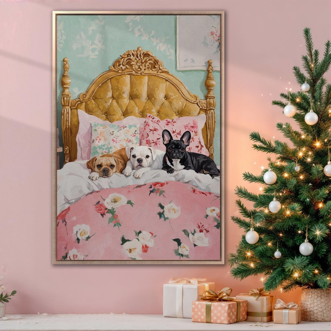 Cute Dogs On Pink Bed Poster Pretty Animal Wall Art Charming Pet Poster ...