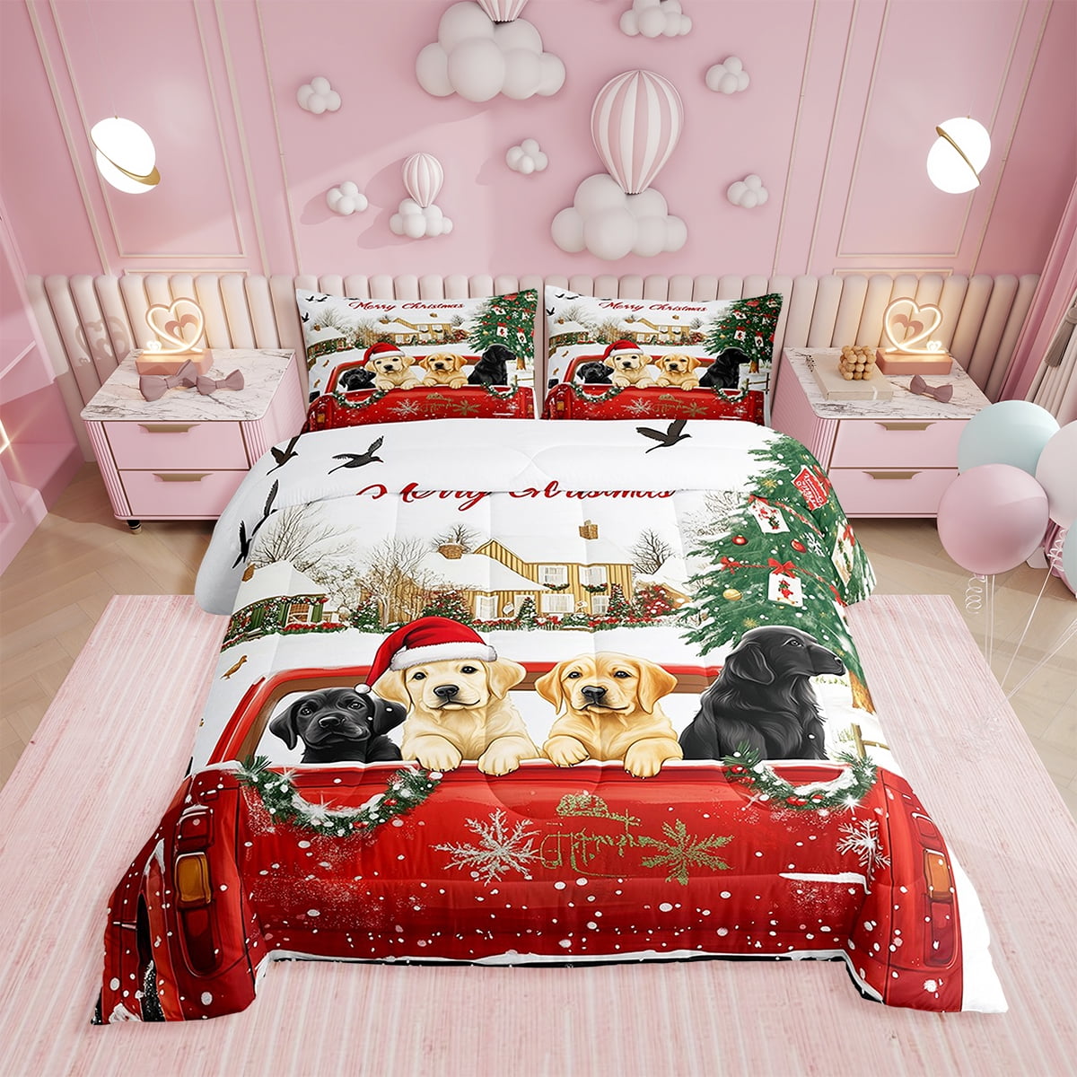 Cute Dogs Red Truck Down Comforter Queen Xmas Tree Snowflake Cabin ...