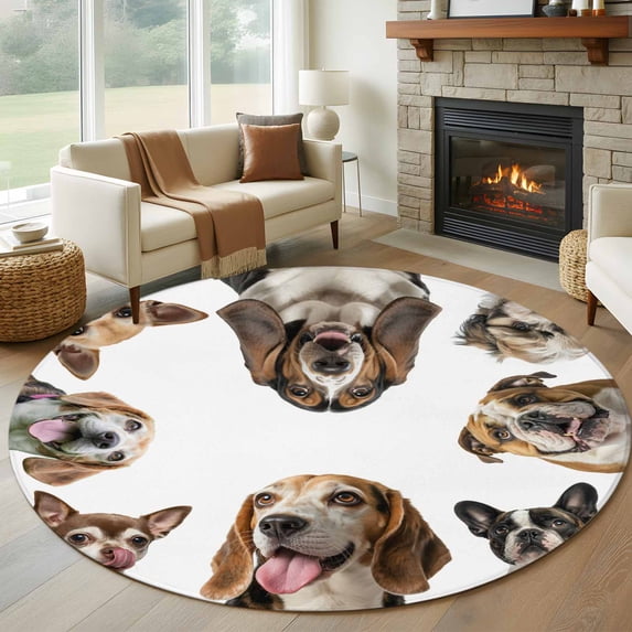 Cute Dogs Round Rug 8ft Washable Circle Rugs Non Slip Animals Gypsies ...
