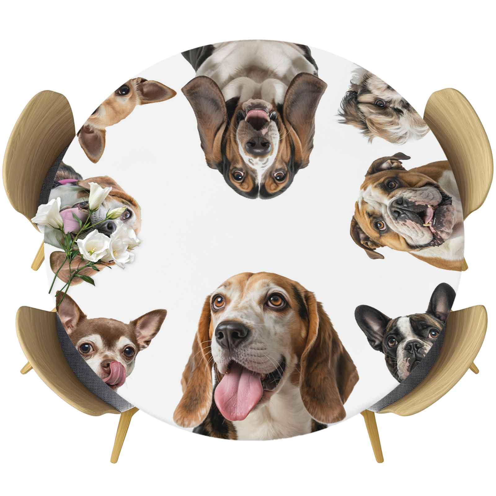 Cute Dogs Round Tablecloth, Fitted Table Cover with Elastic for 55"-60 ...