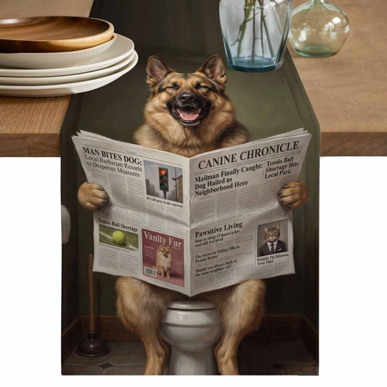 Cute Dogs Table Runner 72 Inches, Funny Puppy Reading Newspaper Toilet ...