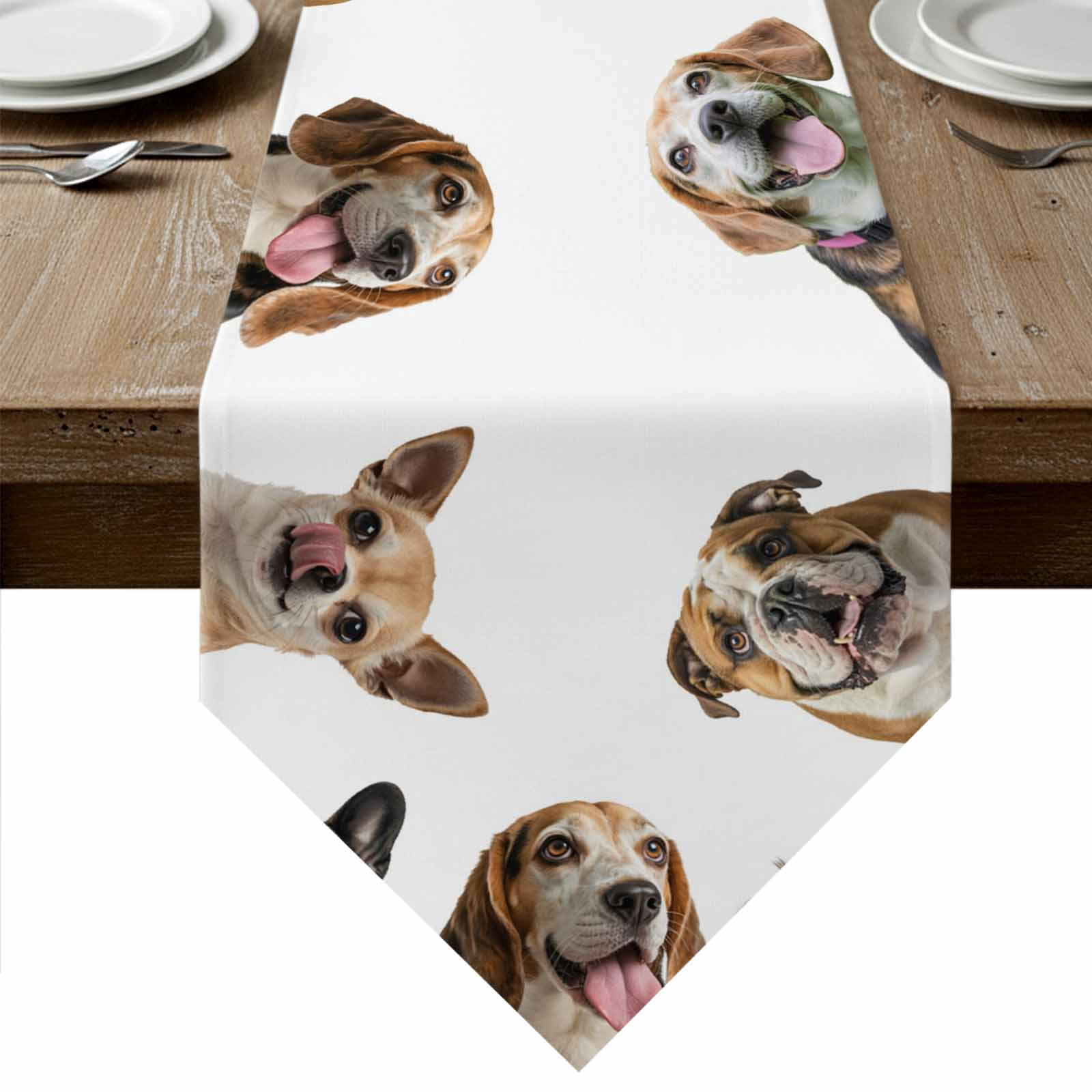 Cute Dogs Table Runner Linen Burlap Table Runner 90 Inches Long Animals ...
