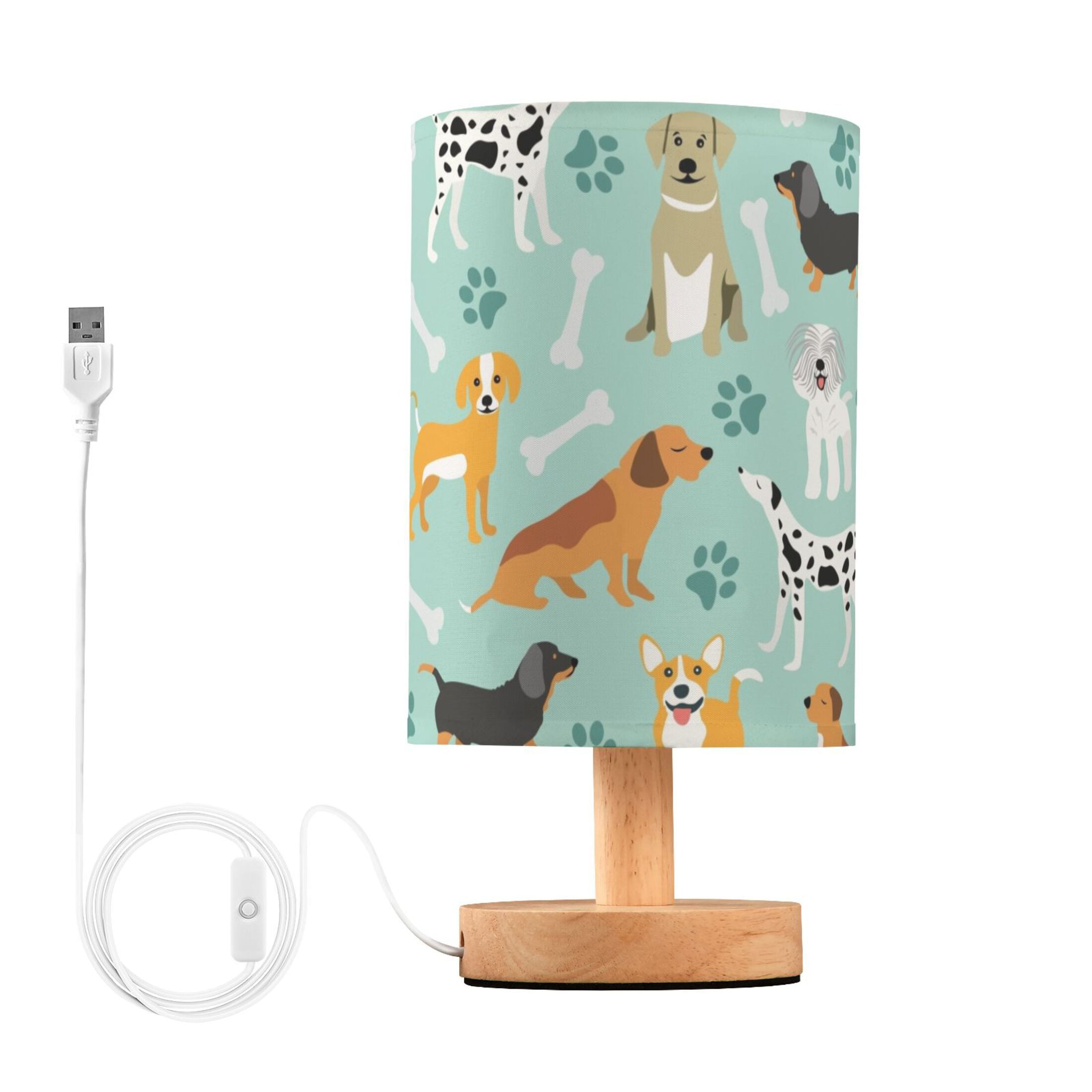 Cute Dogs and Paws on Blue Bedside Table Lamp LED Warm Lights with USB ...