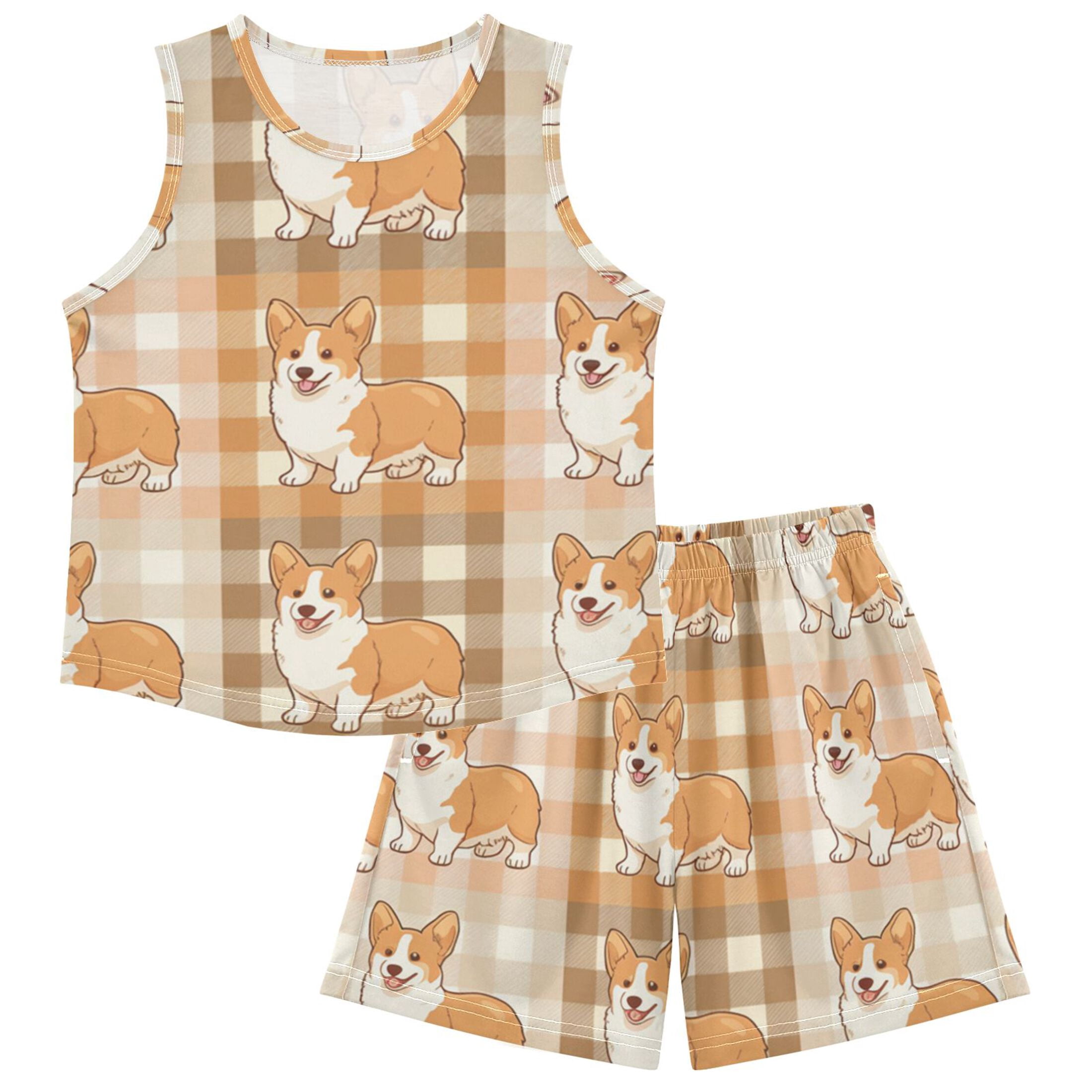 Cute Dogs on Plaids Background Pajamas Set Sleeveless Sleepwear Tank ...
