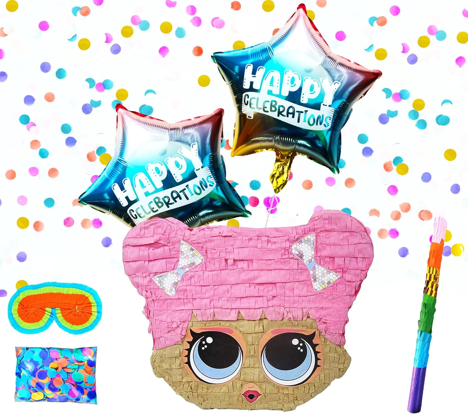 Cute Doll Pinatas Party Set with Buster Stick, Blindfold, Confetti, and ...