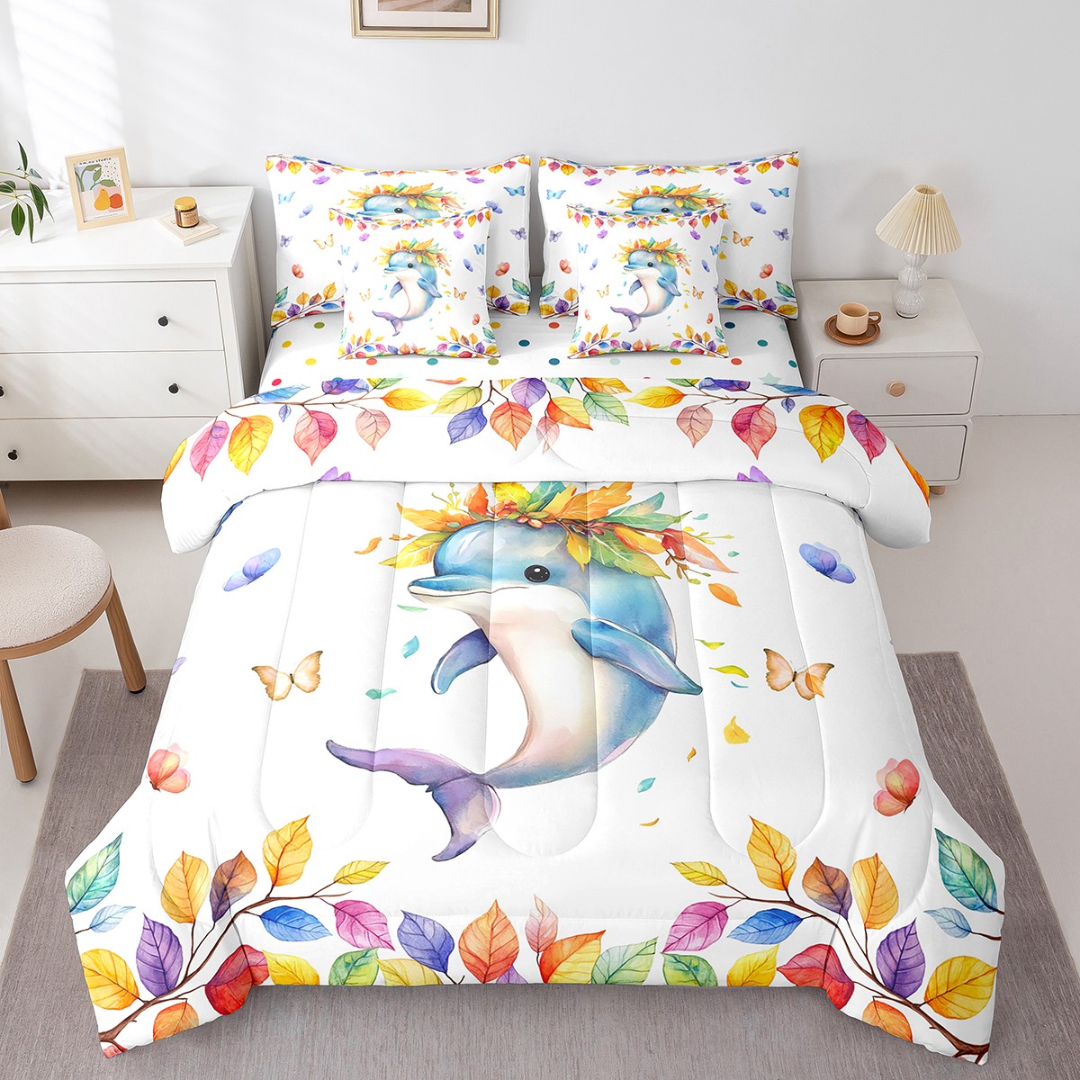 Cute Dolphin Bed in a Bag 7-Piece Kawaii Animal Full Comforter Set, Colorful Leaves Bedding ...